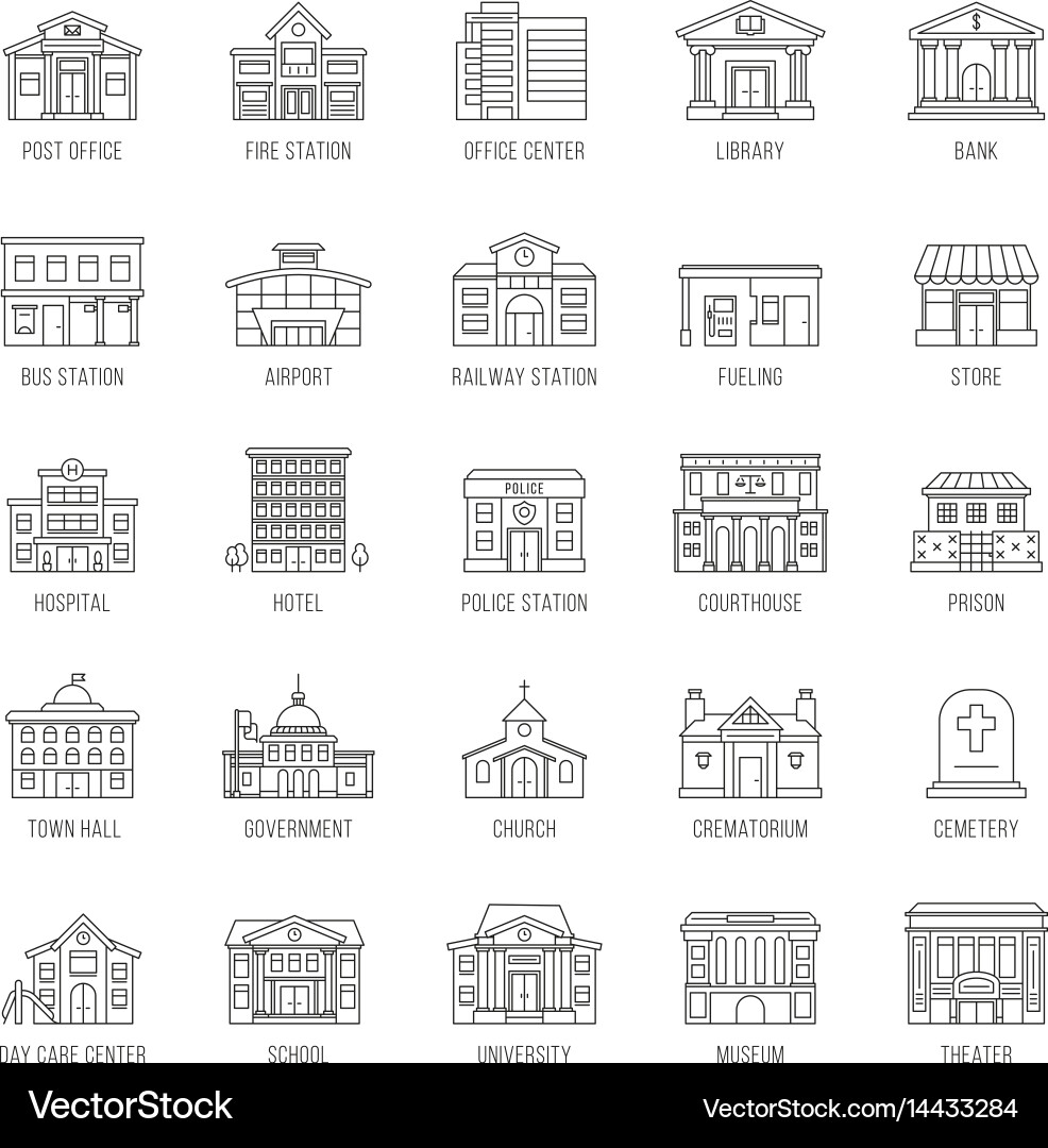 Government buildings thin line icons set Vector Image