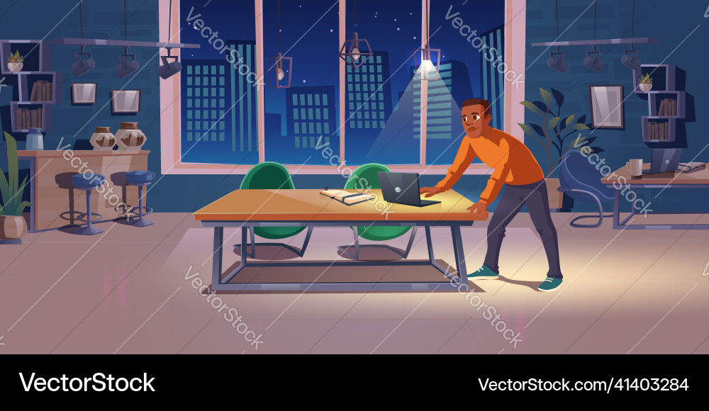 Man work late until night in office Royalty Free Vector
