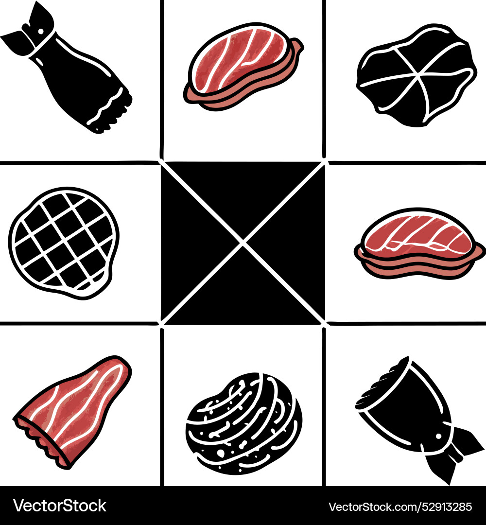Assorted raw meat products collage with white Vector Image
