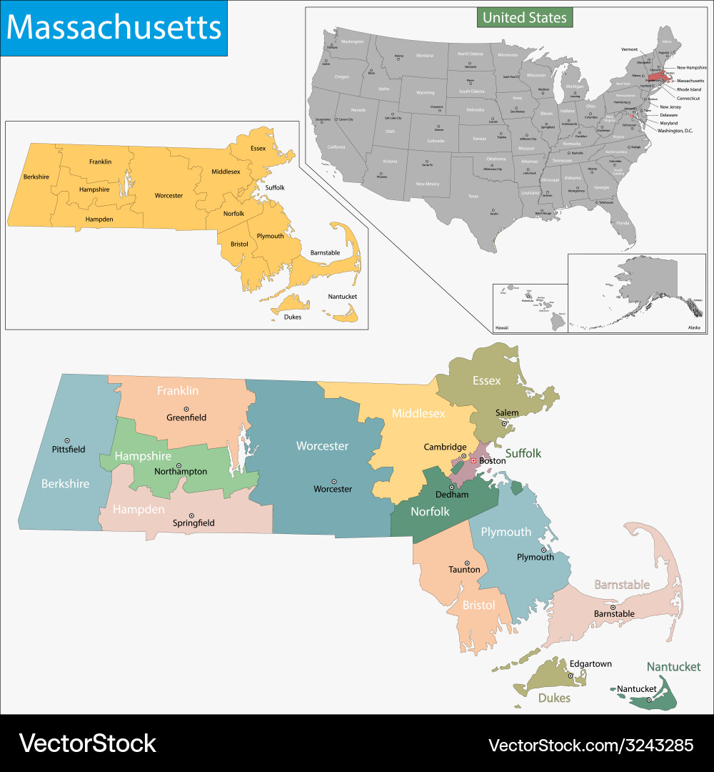 Massachusetts County Map Royalty Free Vector Image