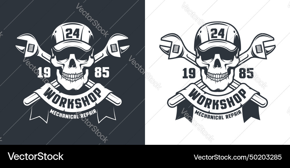 Skull mechanic worker - workshop retro emblem Vector Image