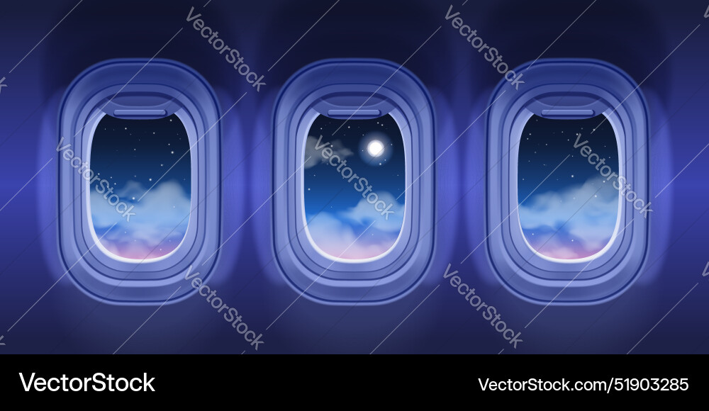 View of night sky through open airplane windows Vector Image