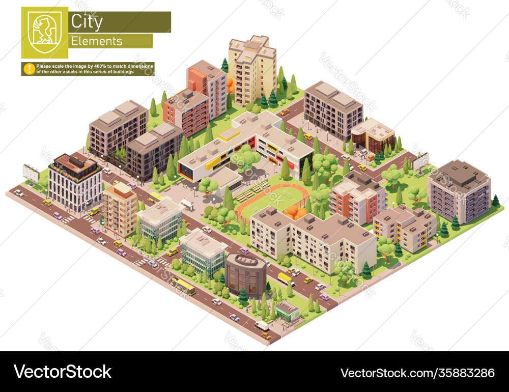 Isometric city or town block with school Vector Image