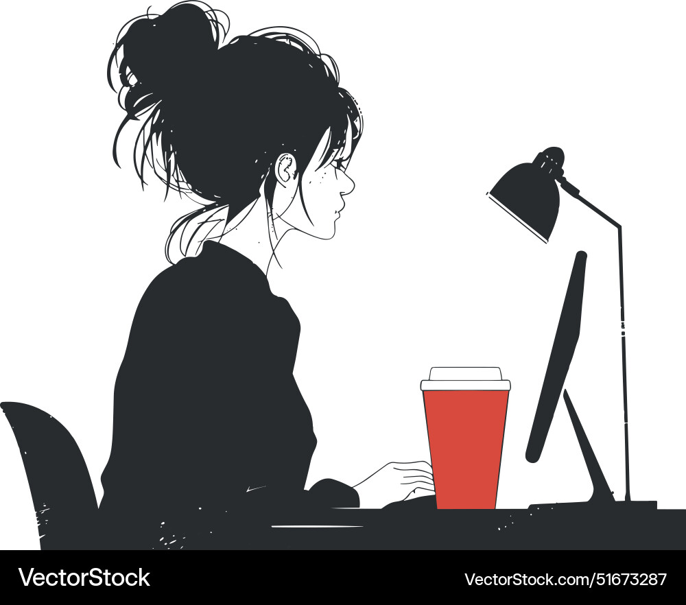 Creative girl computer working black ink sketch Vector Image