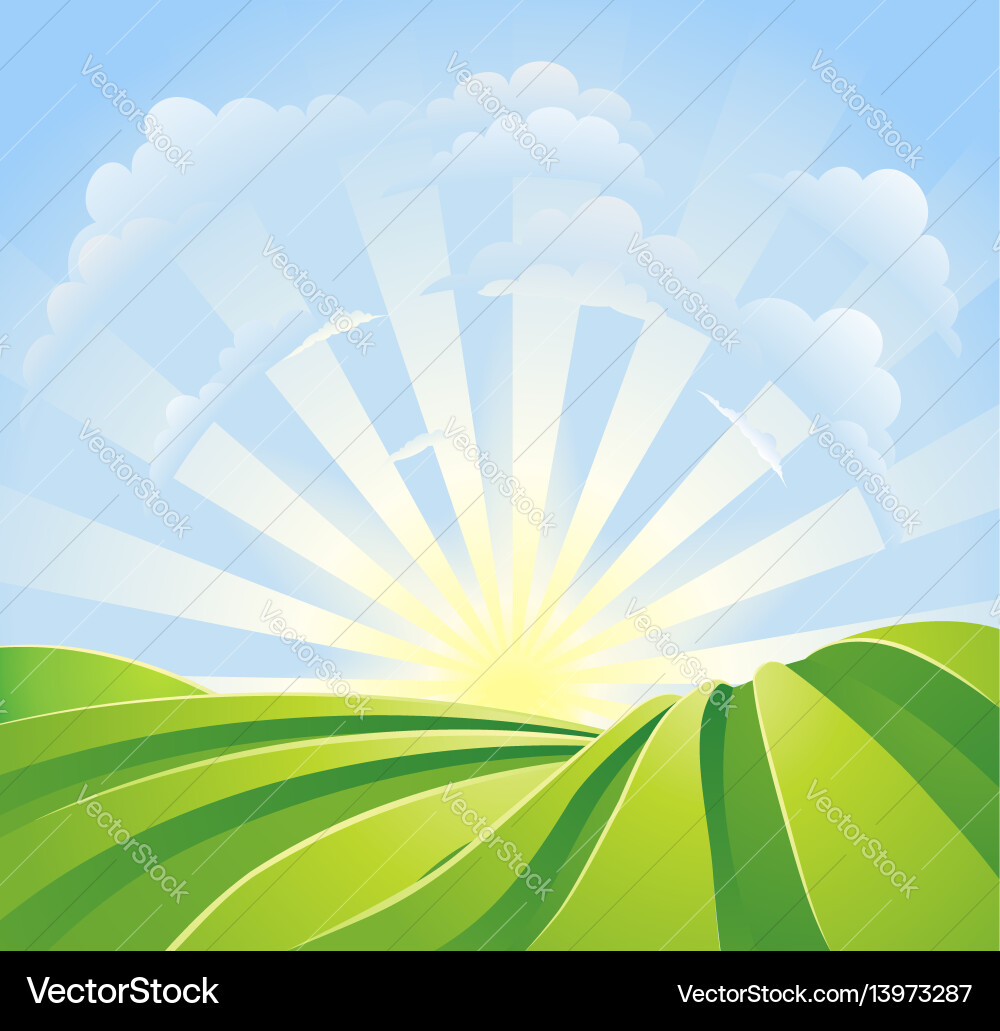 Idyllic green fields with sunshine rays Royalty Free Vector