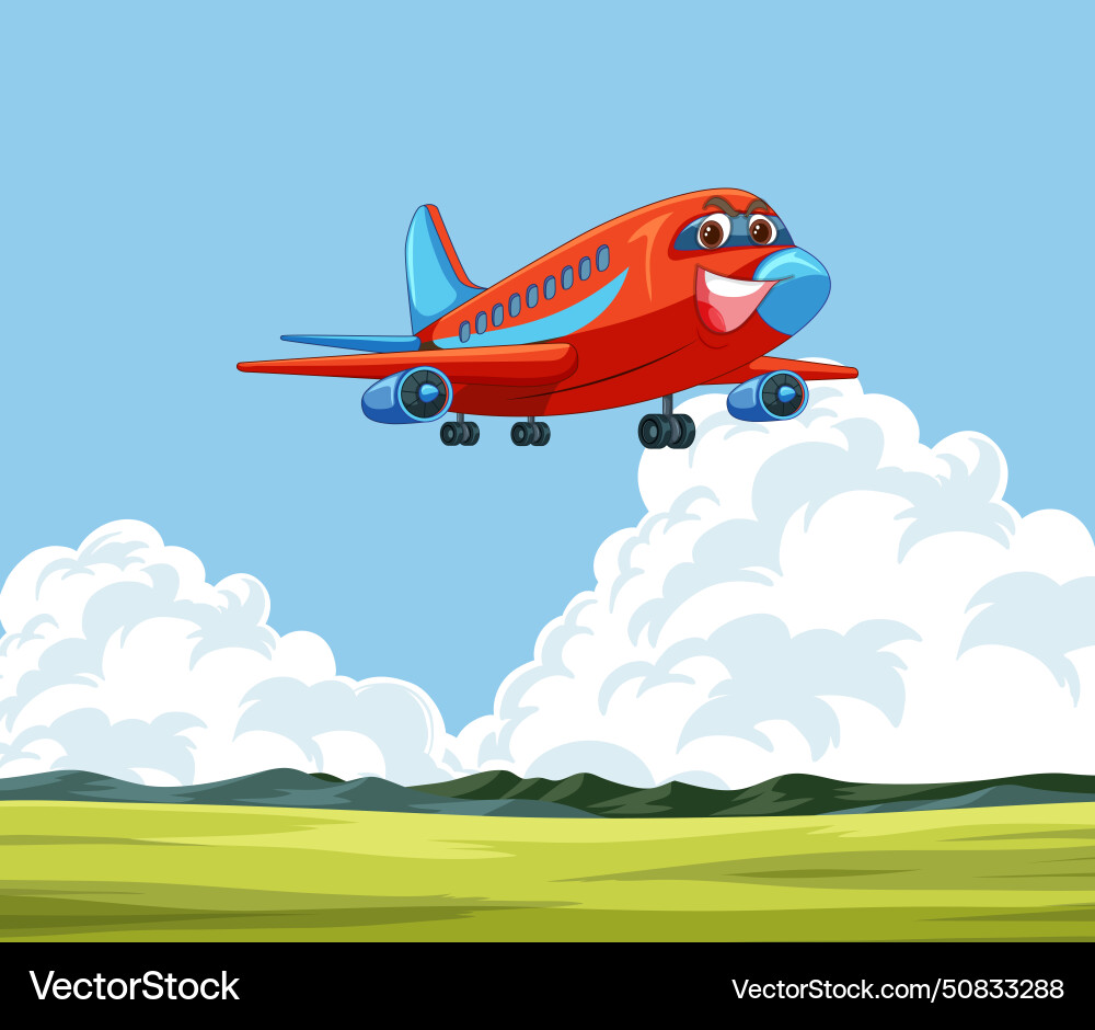 Cartoon airplane flying above green fields Vector Image