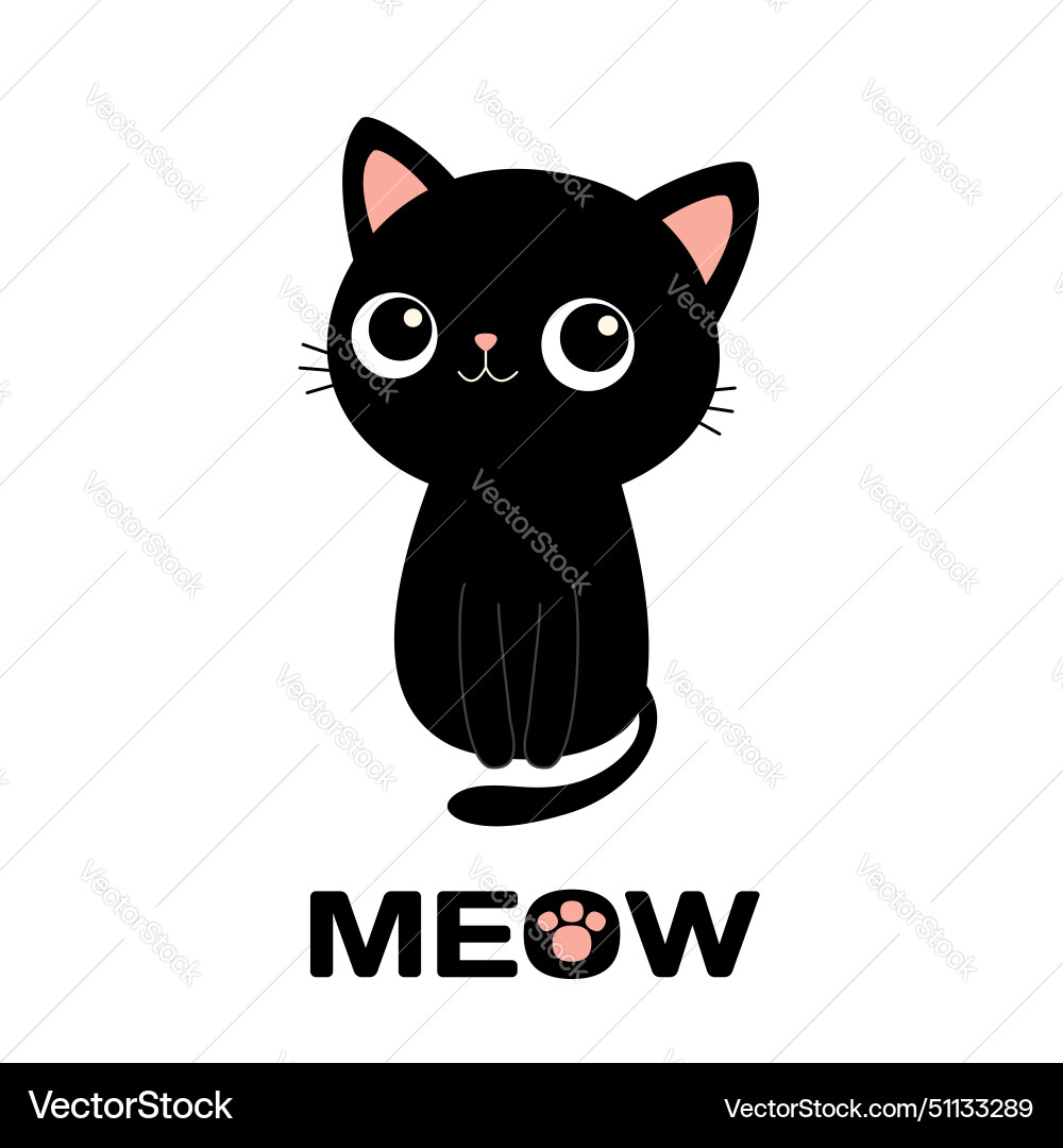 Cute black cat kitten sitting meow lettering text Vector Image