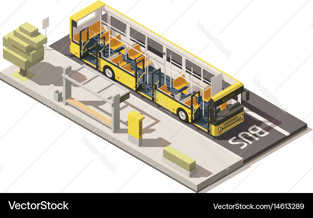 Isometric low poly bus near the stop Royalty Free Vector