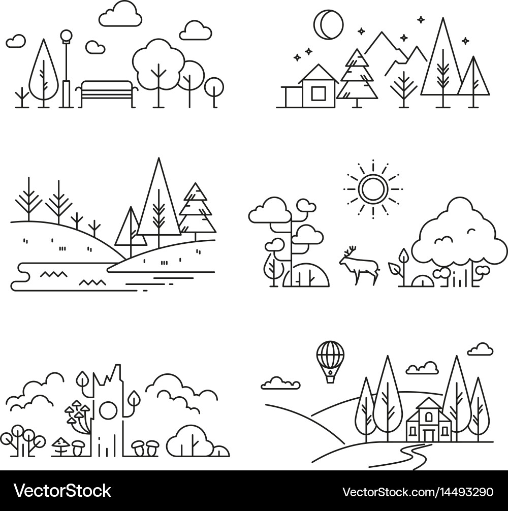 Nature landscape outline icons with tree plants Vector Image