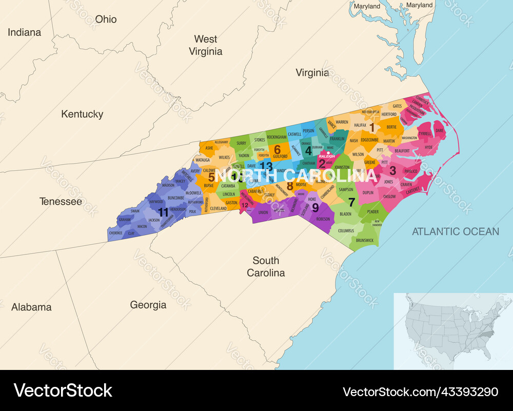 North Carolina Counties Map Royalty Free Vector Image