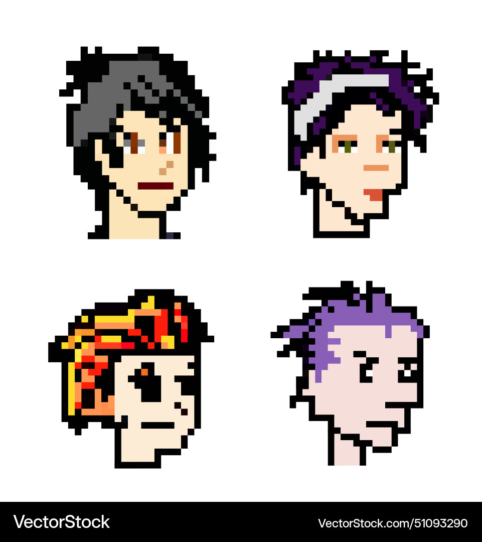 Set pixel punk heads of people with different Vector Image