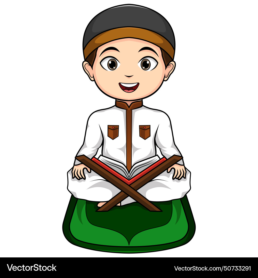 Cartoon muslim boy reading quran Royalty Free Vector Image