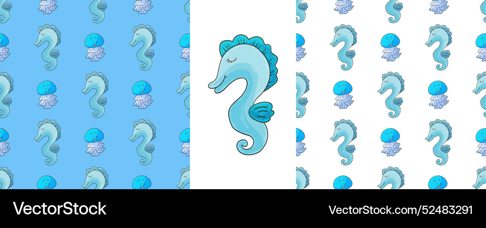 Set creative marine seamless pattern Royalty Free Vector