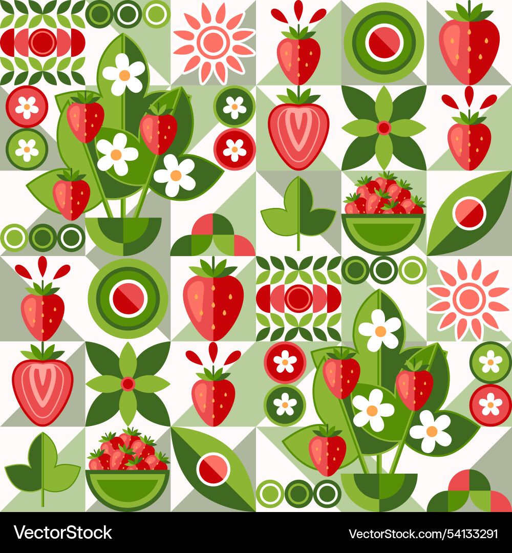 Strawberry pattern with icons geometric shapes Vector Image