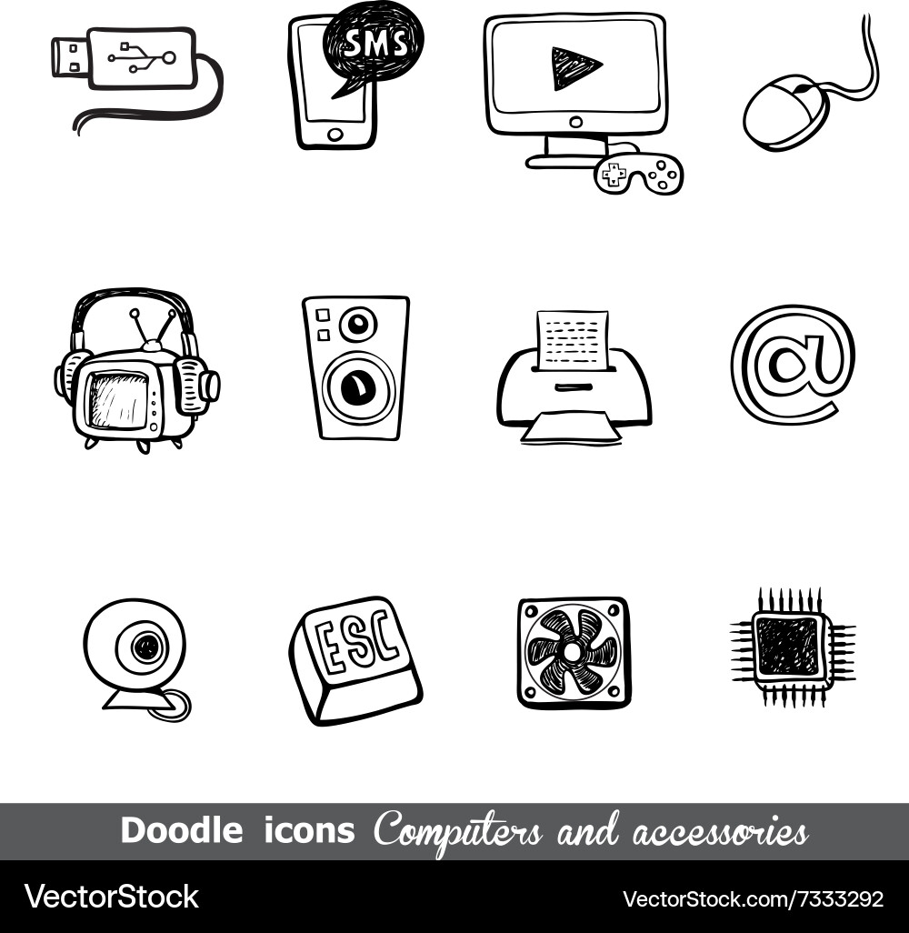 Computers and accessories doodles icon set Vector Image