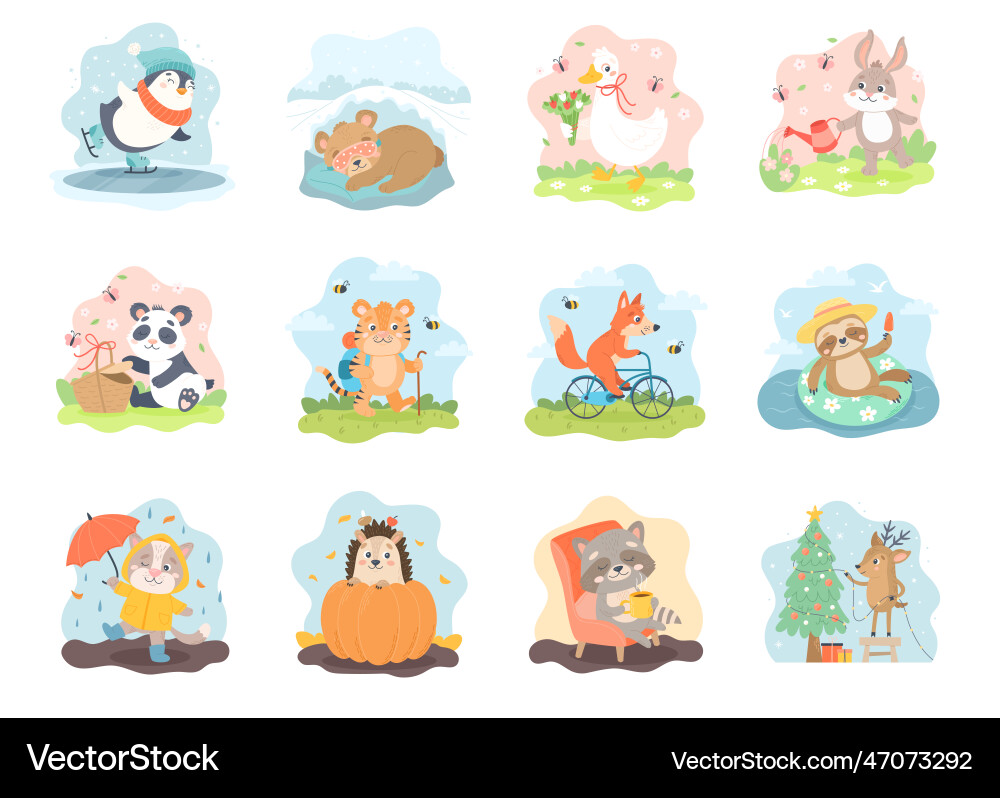 Cute animals in different seasonal scenes set Vector Image
