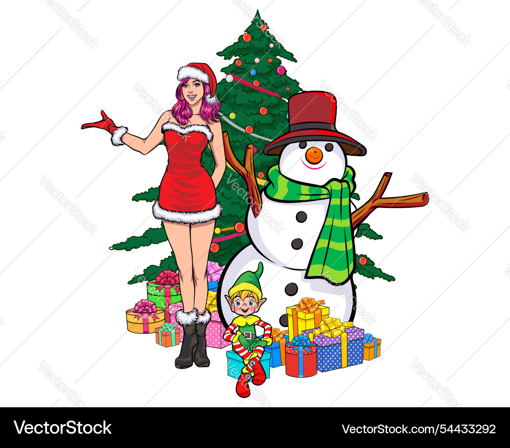Merry christmas santa and snowman elf Royalty Free Vector