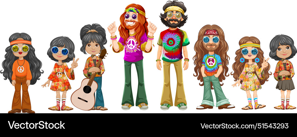 A vibrant group of hippie characters Royalty Free Vector