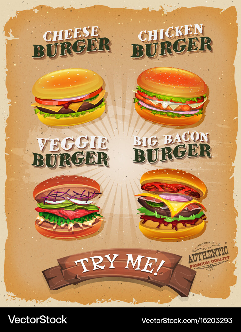 Grunge and vintage burger menu Royalty Free Vector Image
