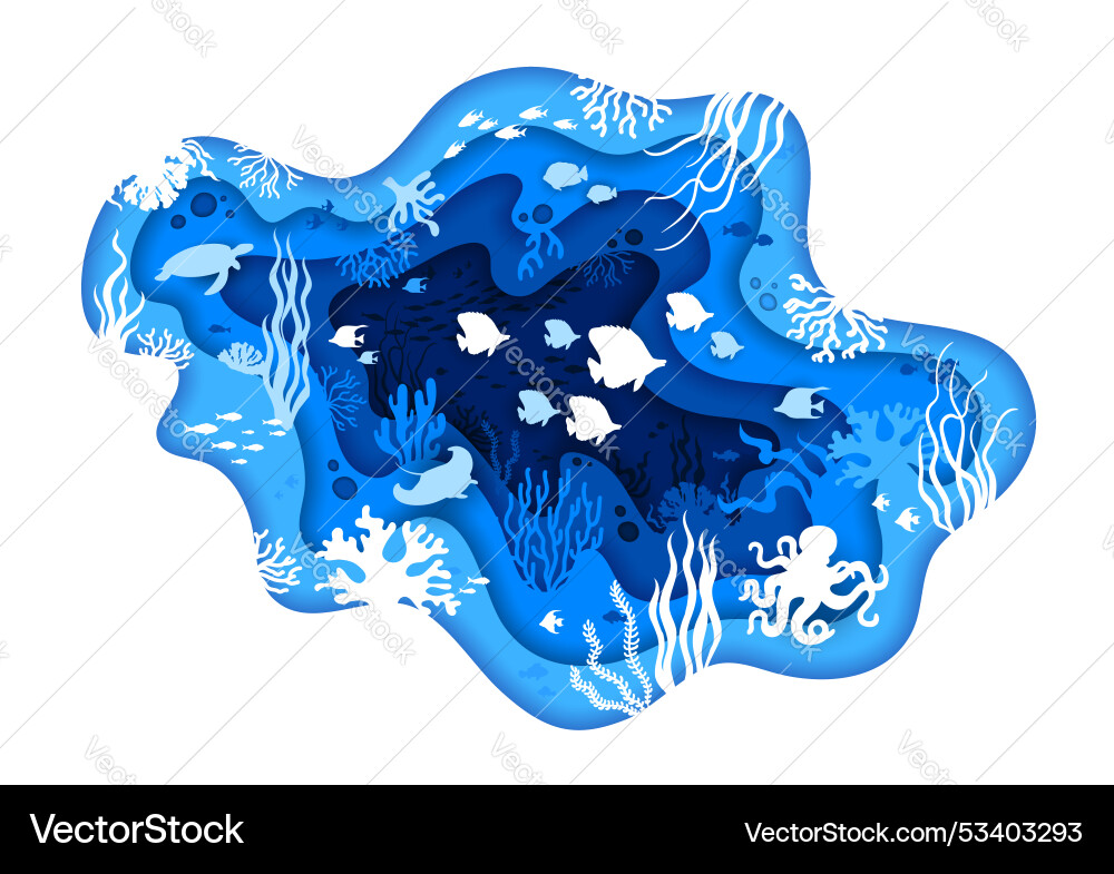 Paper Cut Underwater Landscape Fish Shoal Corals Vector Image