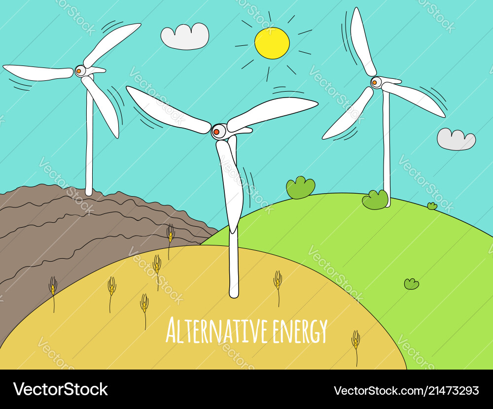 Wind generator and green meadows energy Royalty Free Vector