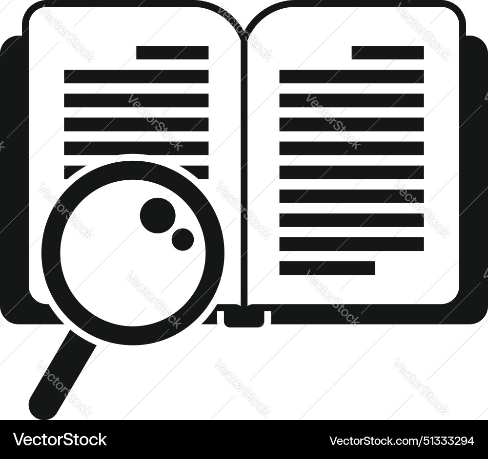 Open book with magnifying glass icon Royalty Free Vector