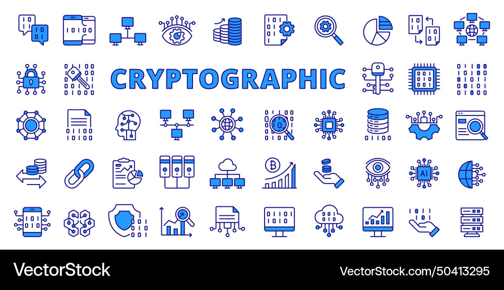 Cryptographic icons in line design blue Royalty Free Vector