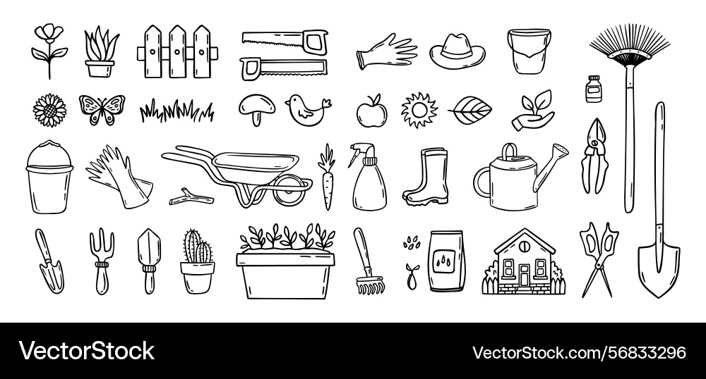 Gardener tools hand drawn doodle icons set hobby Vector Image