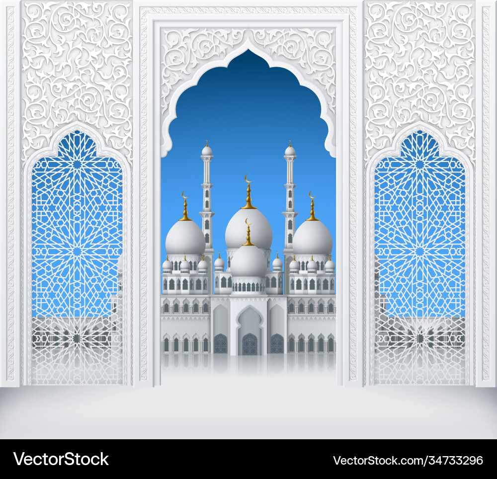 Islamic design white arch with pattern and mosque Vector Image