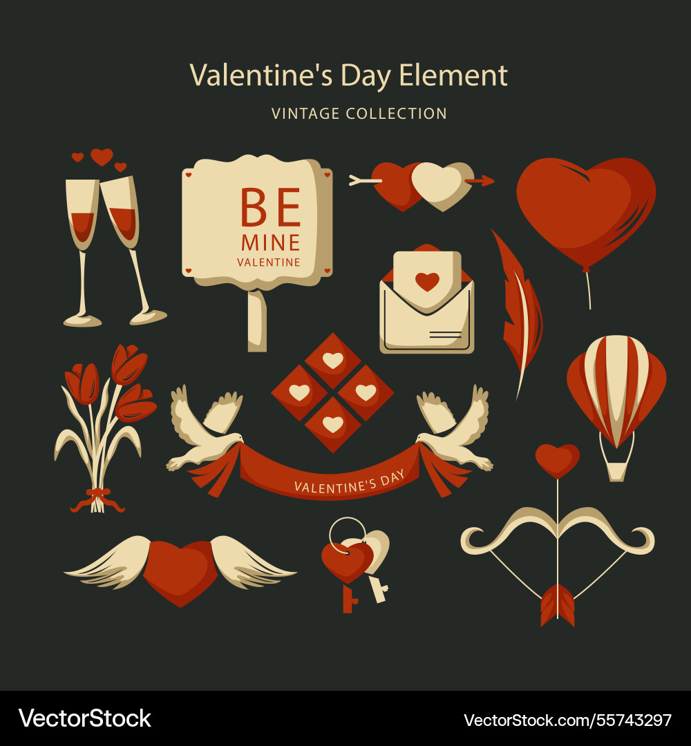 Vintage flat valentine elements pack Royalty Free Vector