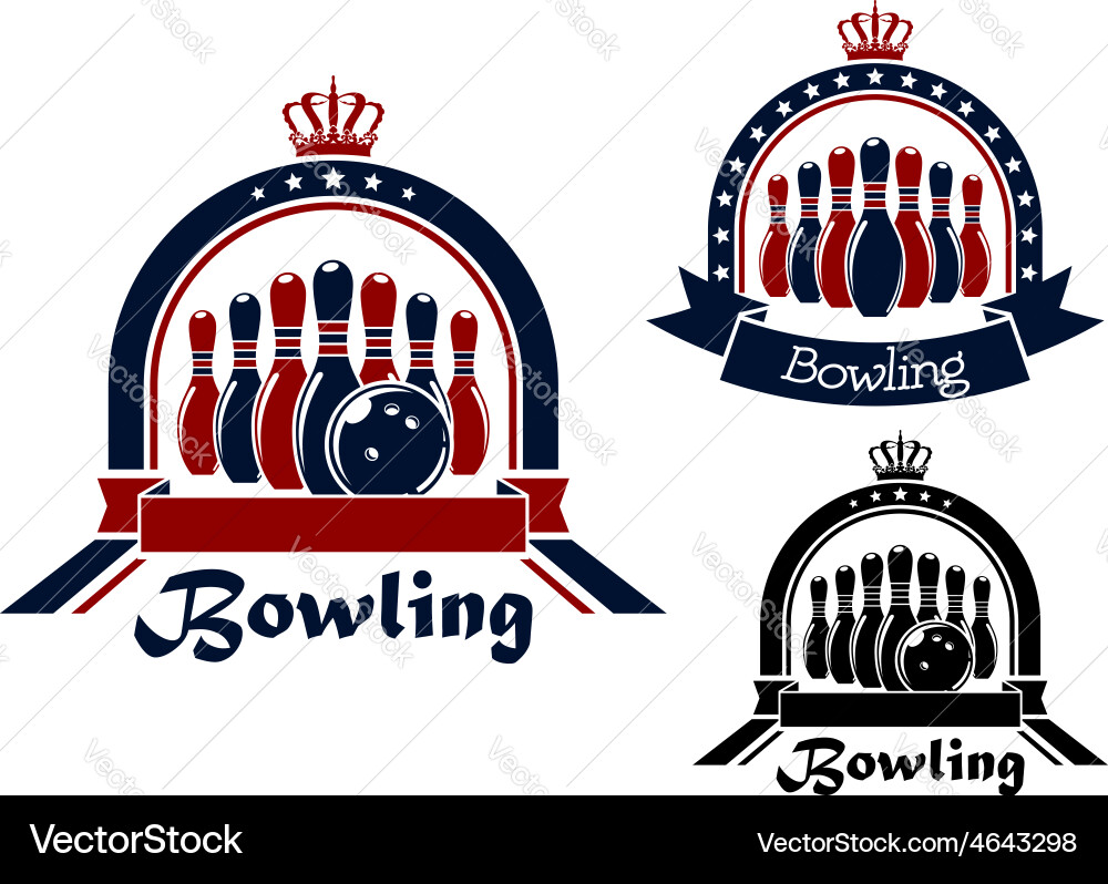 Bowling symbol or emblem in round frame Royalty Free Vector