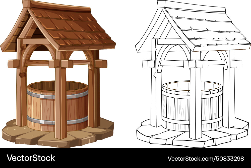 Colored and outlined wooden well drawings side Vector Image