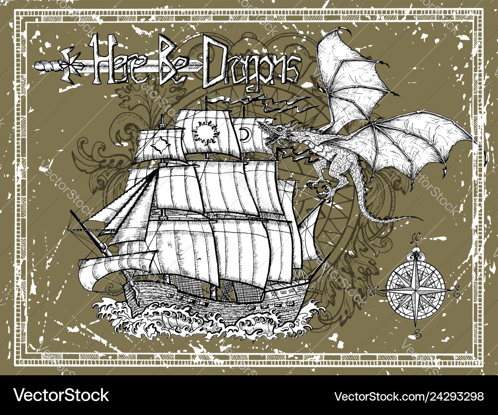 Dragon Compass Ship Fantasy Art Royalty Free Vector Image