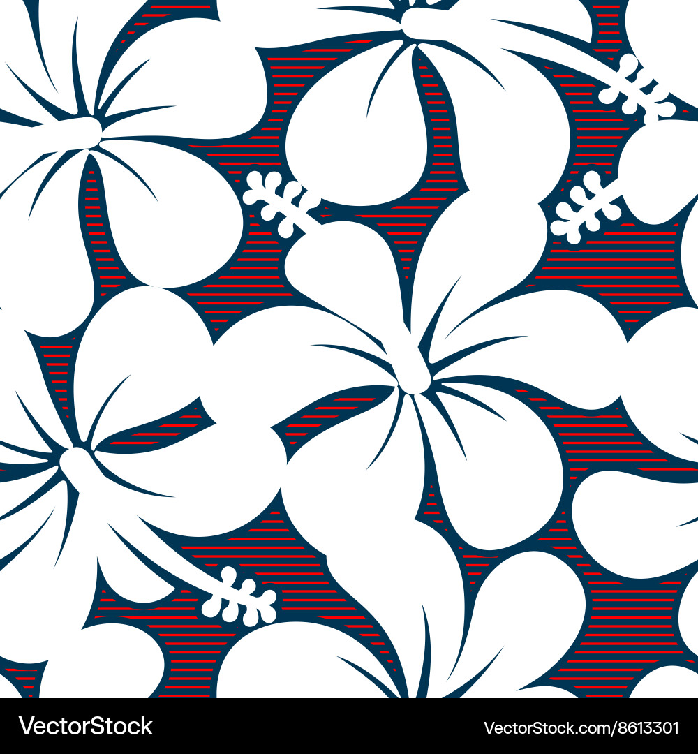 Hibiscus Seamless Pattern - Red, White & Blue Vector Image