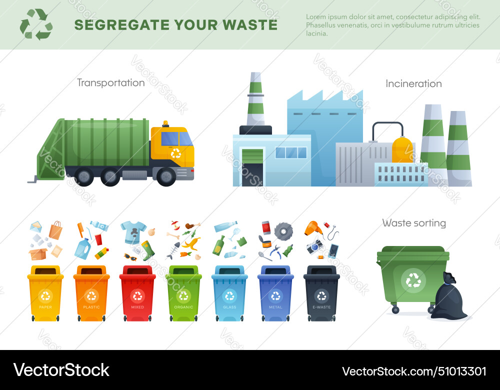 Waste segregation and recycling factory Royalty Free Vector