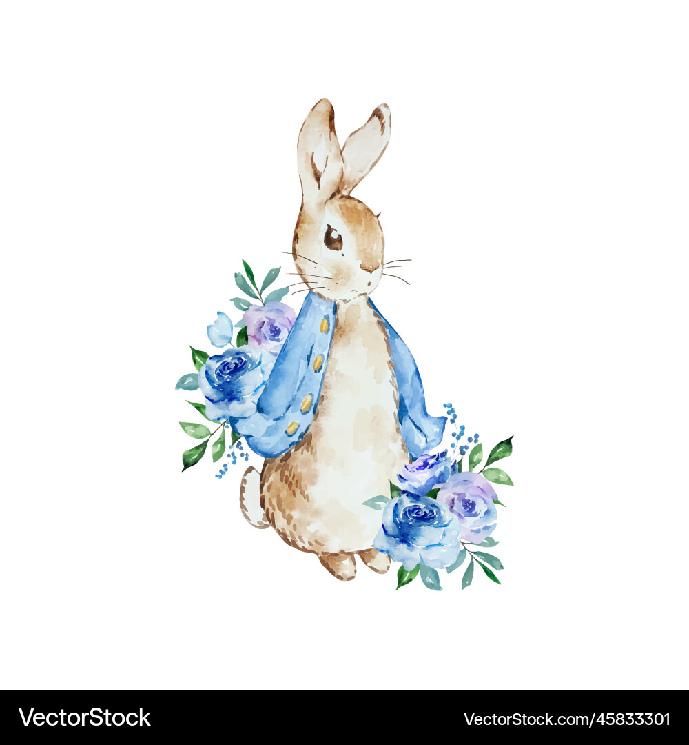 Watercolor Peter Rabbit with Bouquet Royalty Free Vector