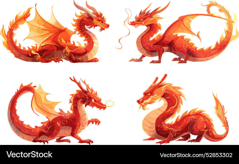 Eastern dragon cartoon set flying wings Royalty Free Vector