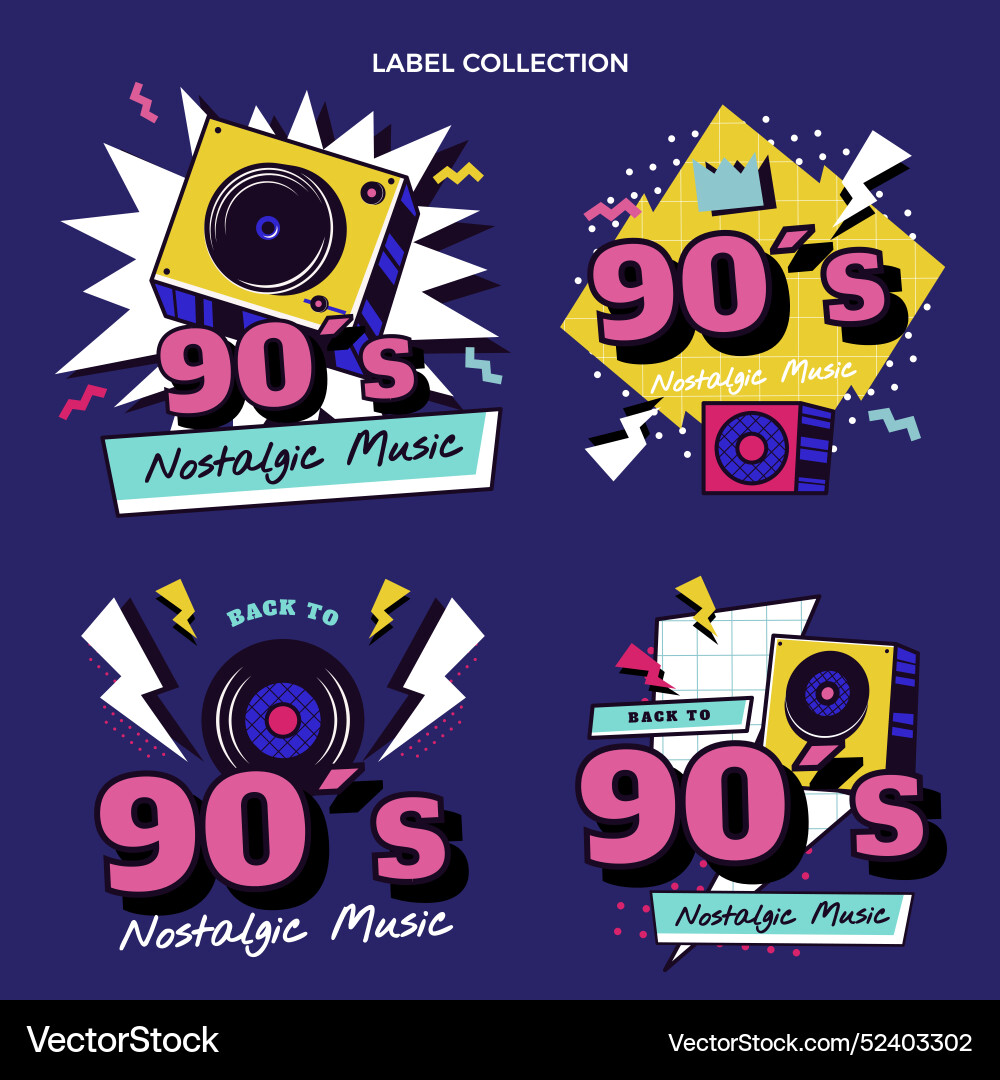 Flat 90s nostalgic music festival labels Vector Image