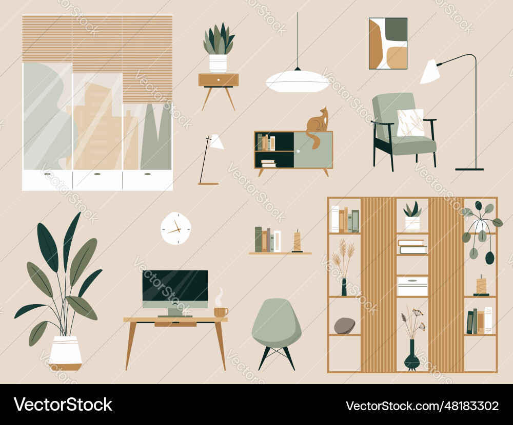 Living room interior elements set wooden Vector Image