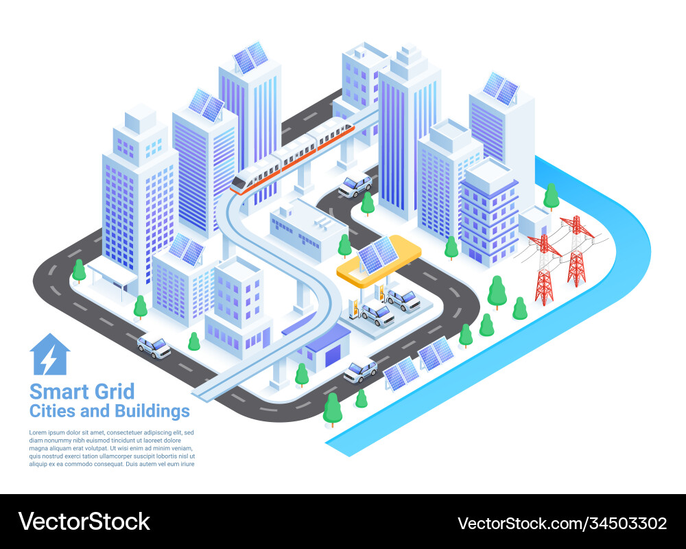 Smart grid cities and buildings isometric Vector Image