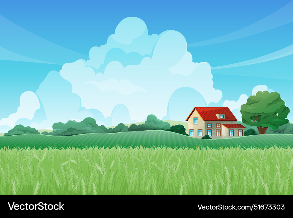 Rural landscape at spring wheat and house Vector Image
