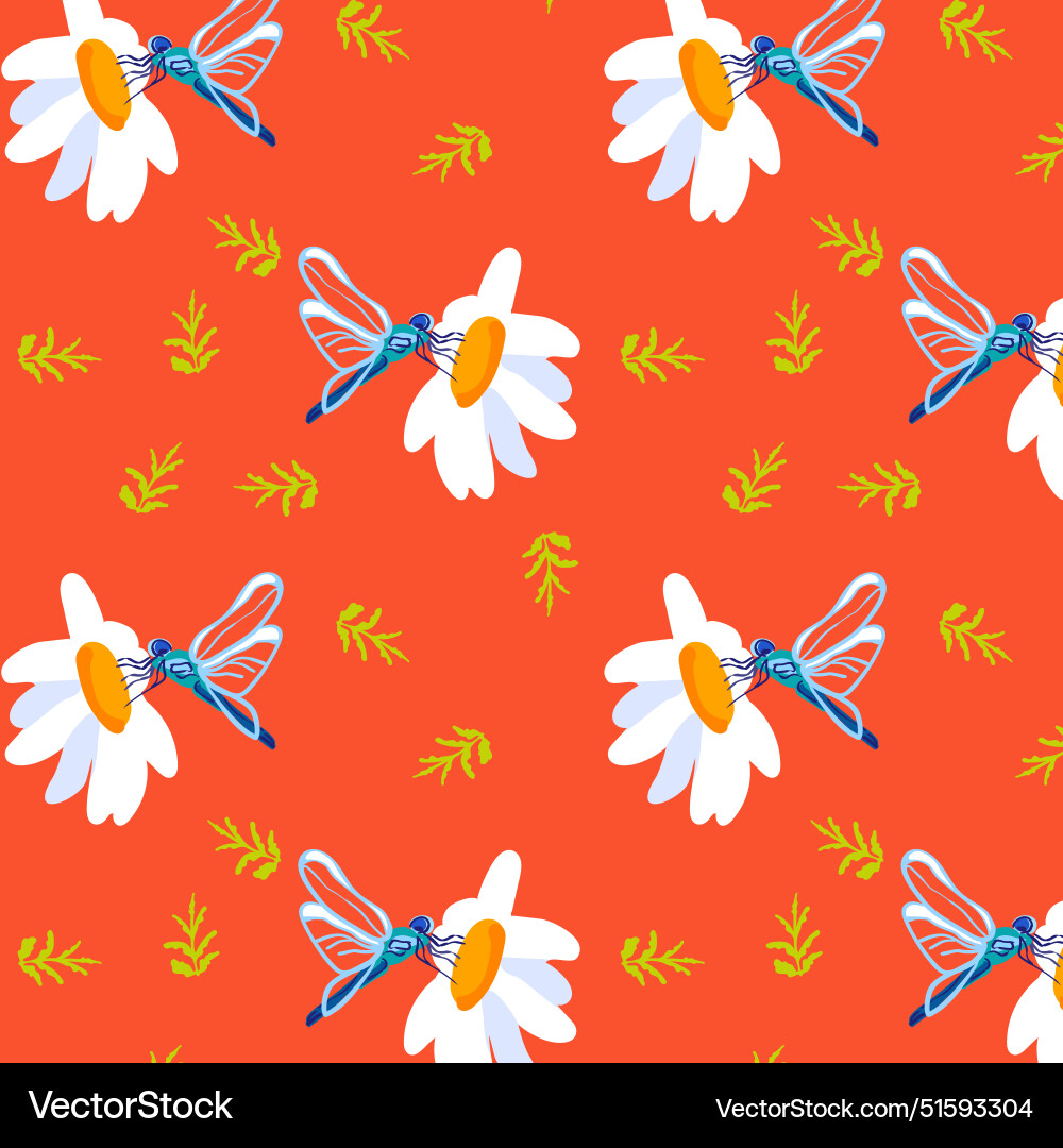 Seamless pattern wildflower daisy dragonfly plant Vector Image