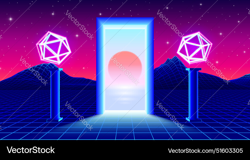 Glowing portal or door with synthwave sundown Vector Image