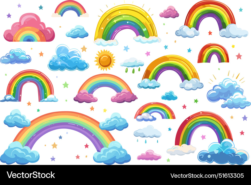 Rainbow set different cartoon rainbows clouds Vector Image
