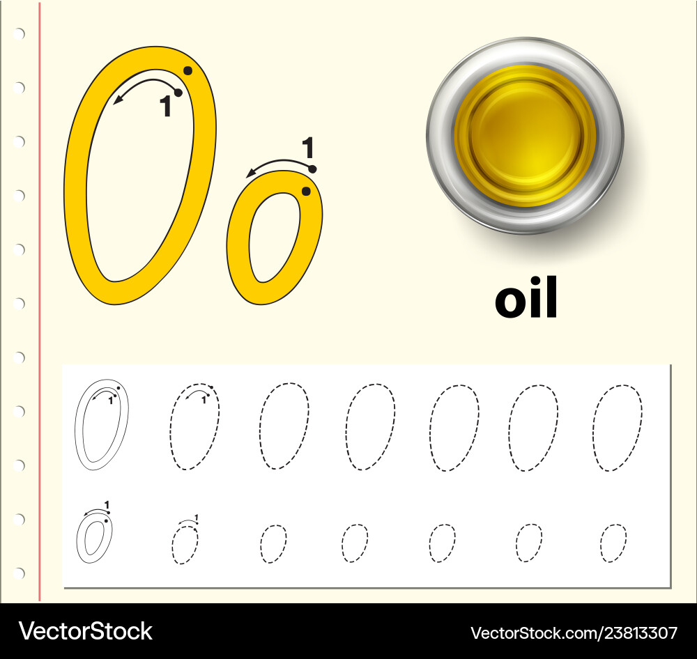 Letter o tracing alphabet worksheets Royalty Free Vector