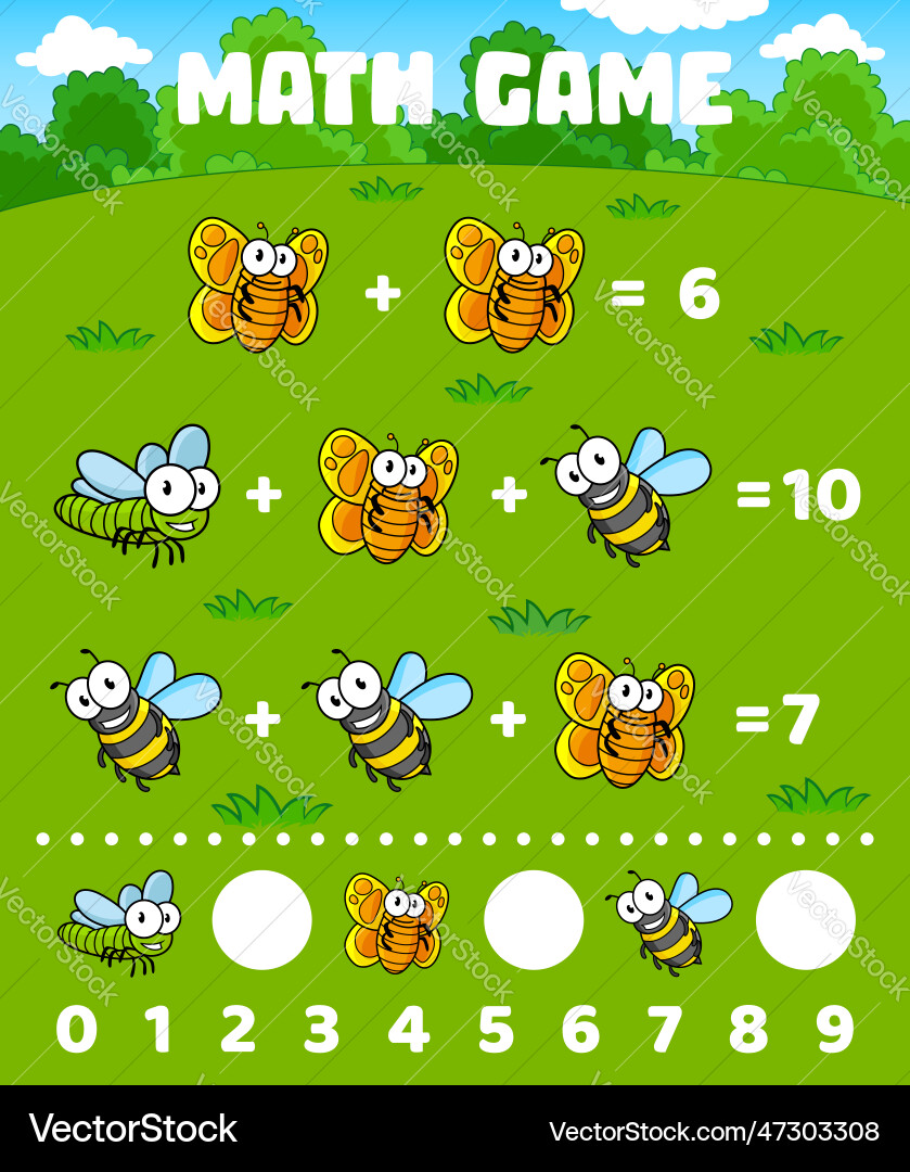 Math game worksheet cartoon bee and butterfly Vector Image