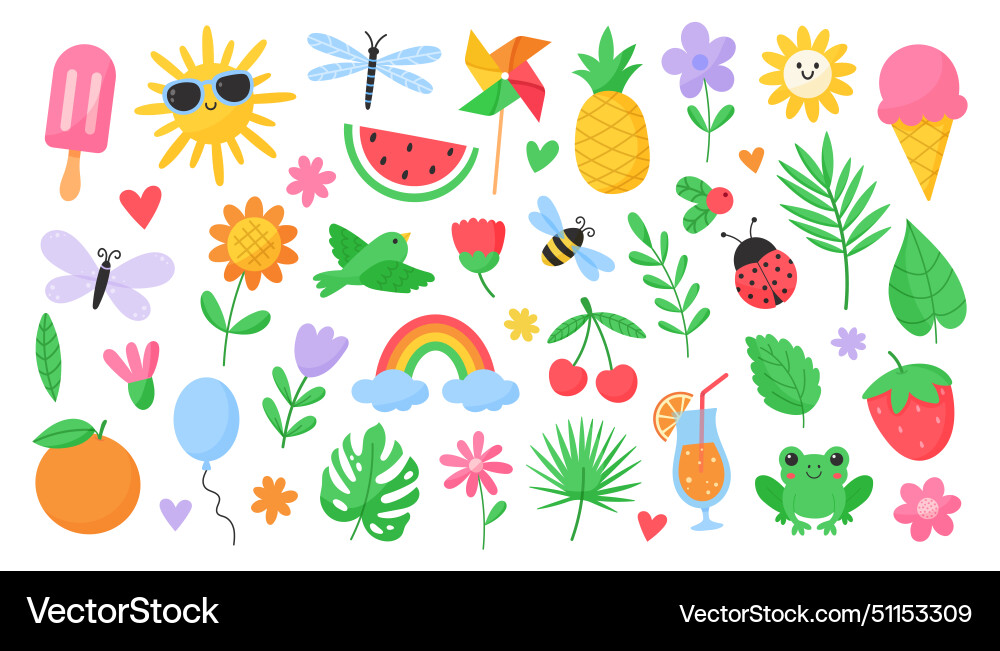 Cute summer set summertime elements Royalty Free Vector