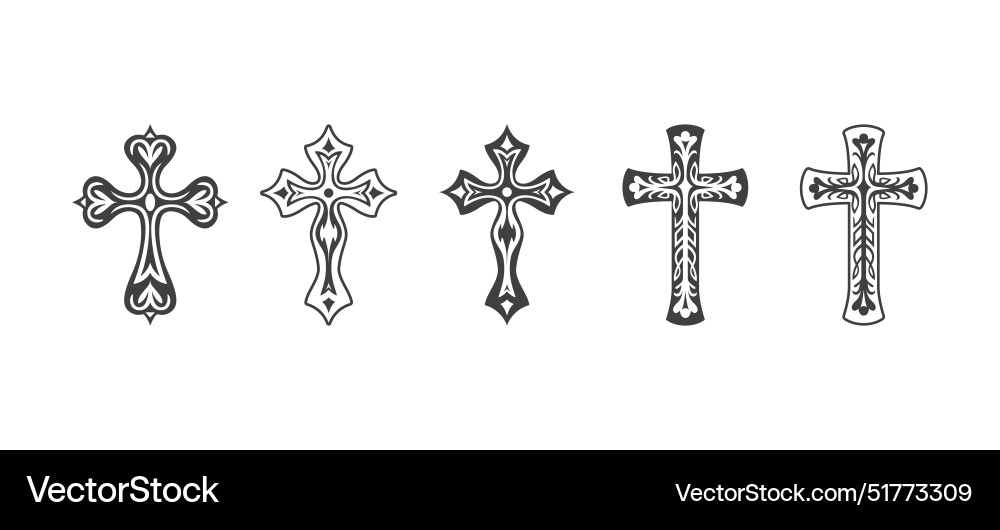 Flat black christian cross icons set Royalty Free Vector