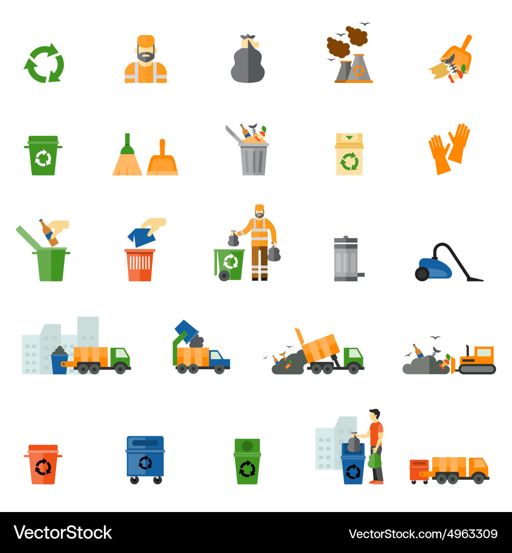 Garbage and trash flat icons set Royalty Free Vector Image
