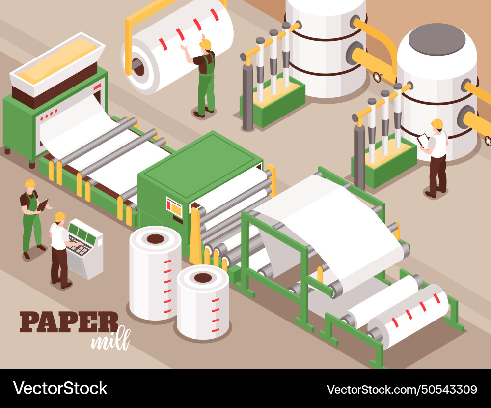 Paper factory isometric composition Royalty Free Vector